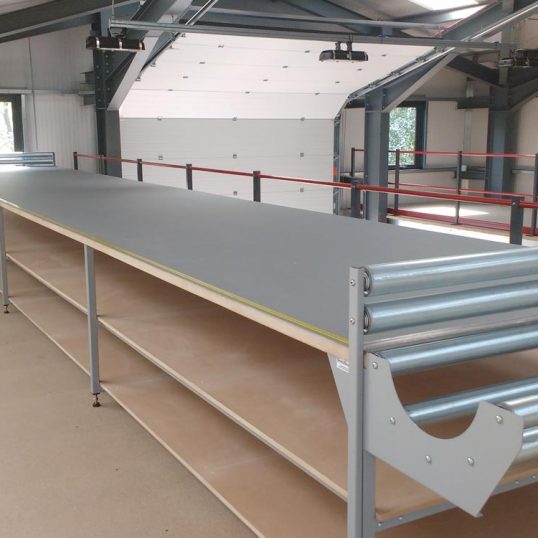 Extra Long Cutting Table with Fabric Trough & Storage Shelving | Spaceguard